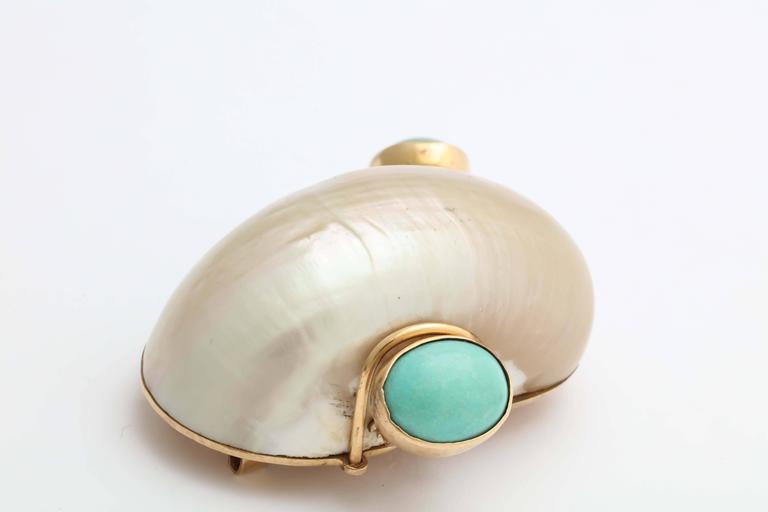 1940's Seaman Schepps Jumbo Turquoise Gold Double Clip Shell Brooch at ...