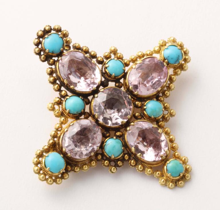 Georgian Pink Topaz and Turquoise Pin For Sale at 1stDibs