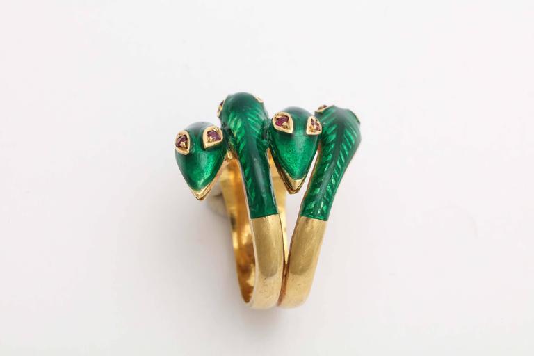Playful 4 headed Green Enamel Snake Ring at 1stDibs | green enamel ring ...
