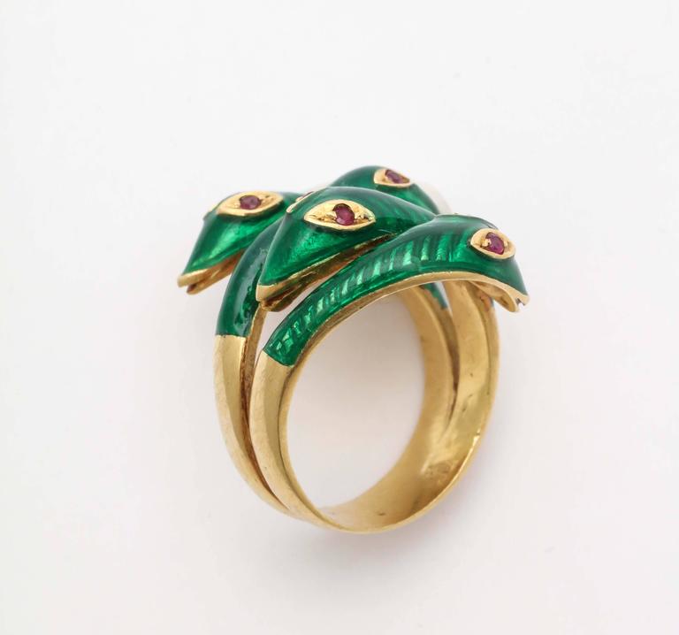 Playful 4 headed Green Enamel Snake Ring at 1stDibs | green enamel ring ...