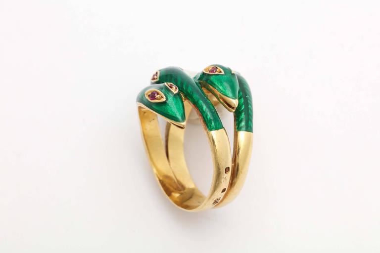 Playful 4 headed Green Enamel Snake Ring at 1stDibs | green enamel ring ...