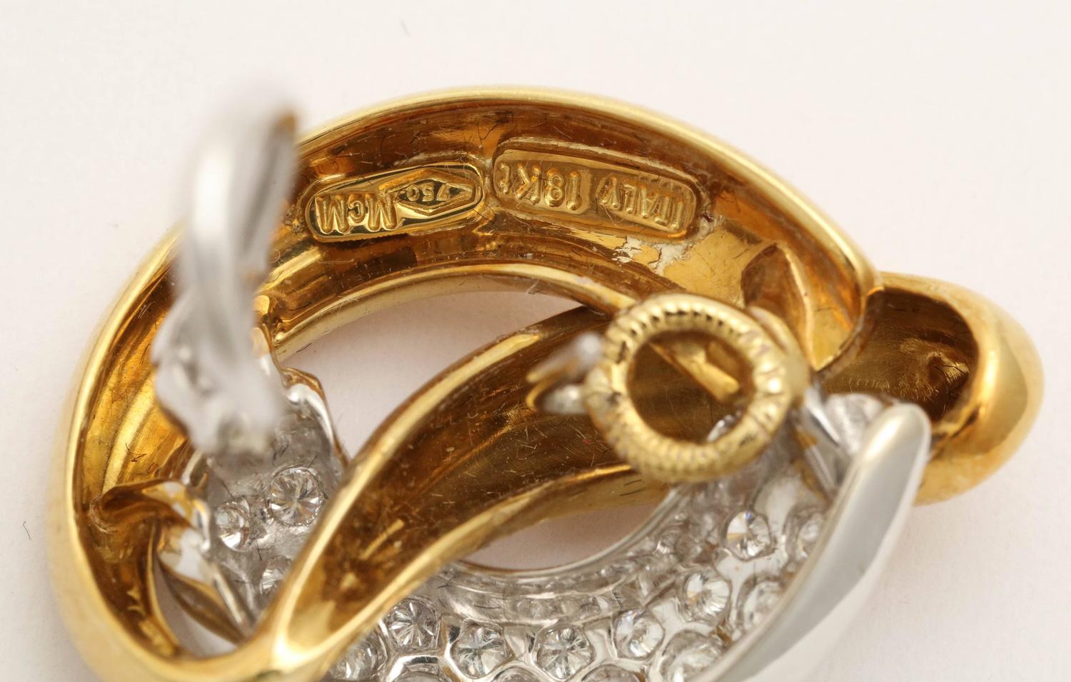 Yellow Gold and Pave Diamond Triad Earrings For Sale at 1stdibs