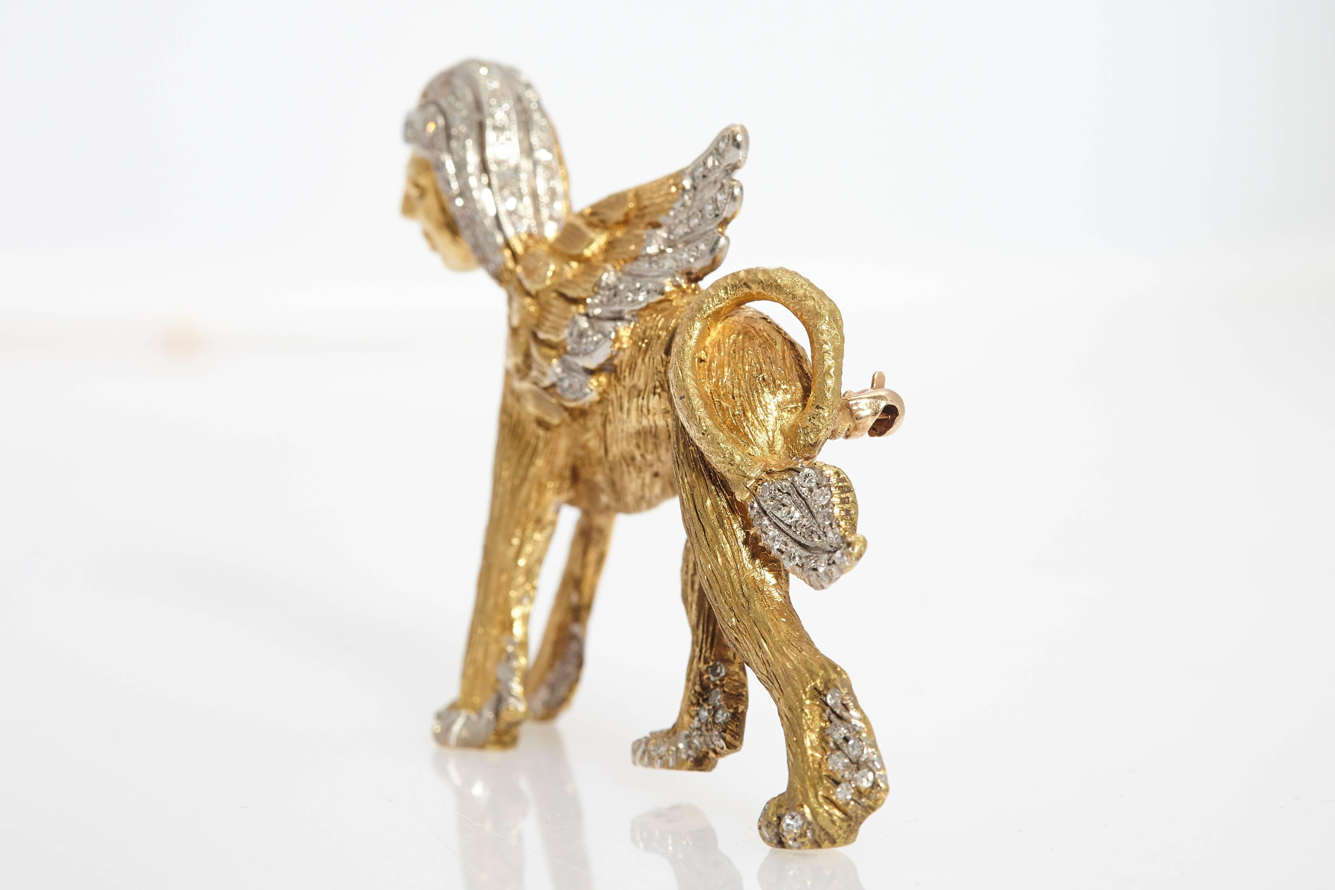 1970s Italy Diamond Gold Sphinx Brooch at 1stDibs