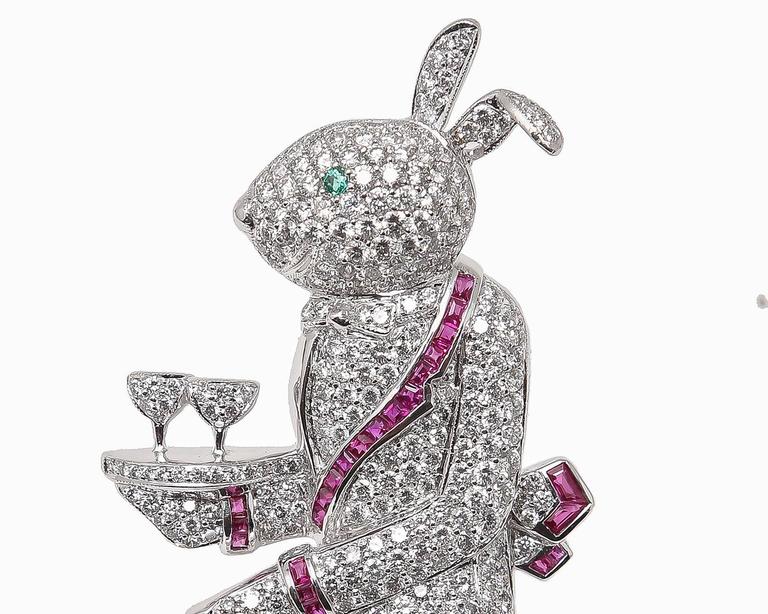 Ruby Emerald Diamond Gold Rabbit Waiter Brooch at 1stDibs