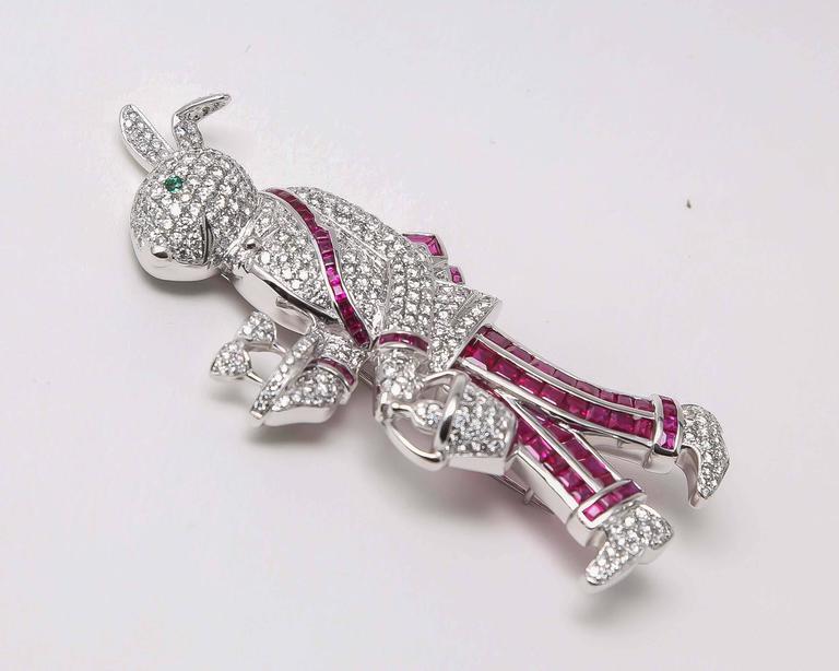 Ruby Emerald Diamond Gold Rabbit Waiter Brooch at 1stDibs
