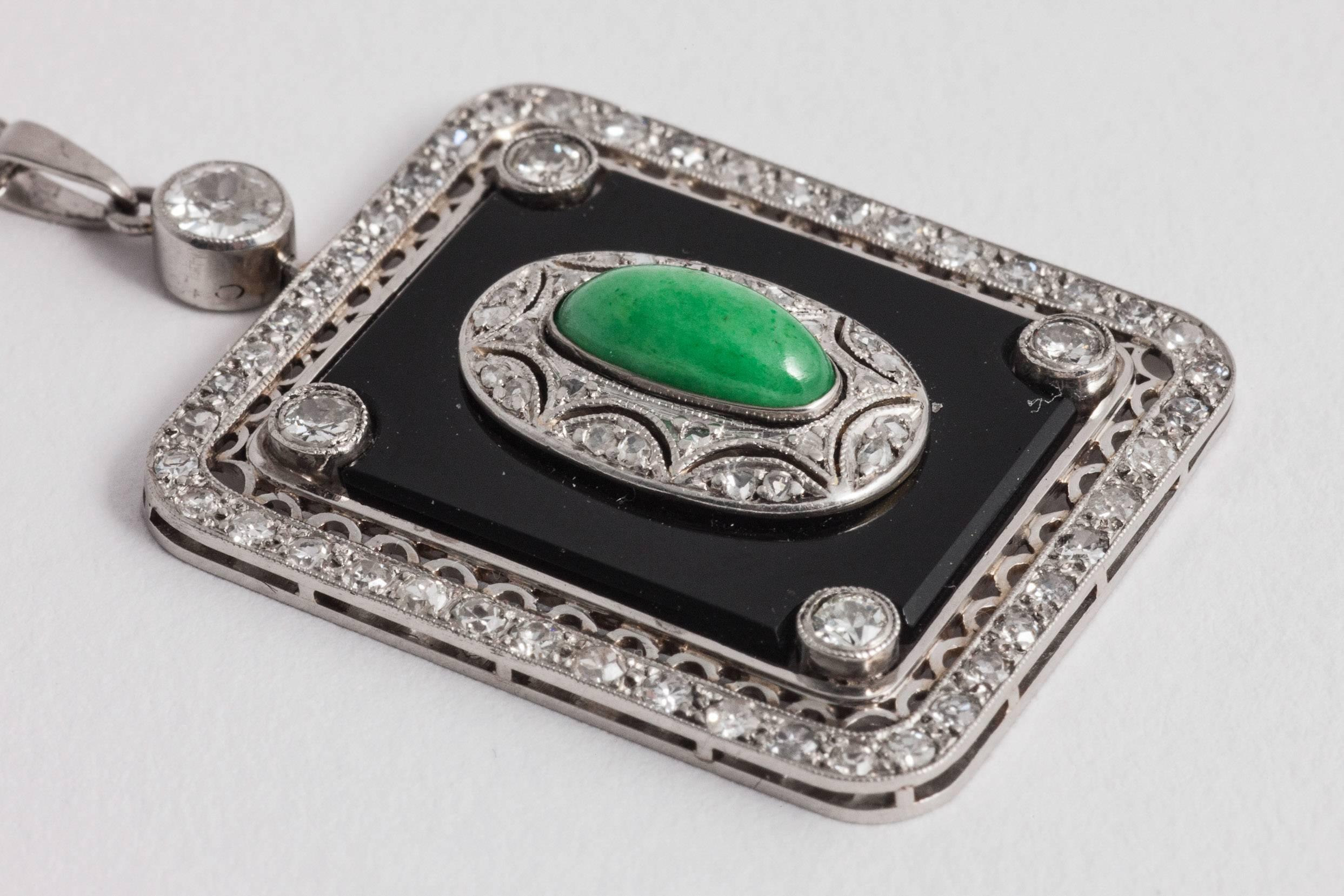 Art Deco Rectangular Jade Diamond Onyx Pendant For Sale at 1stDibs