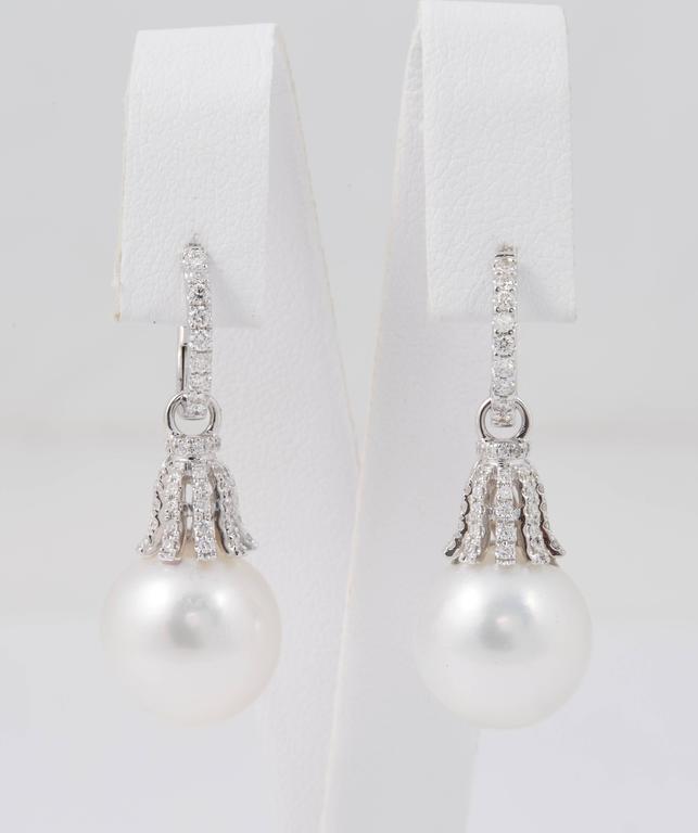 Diamond Hoop and South Sea Bell Shape Dangle Earrings at 1stDibs