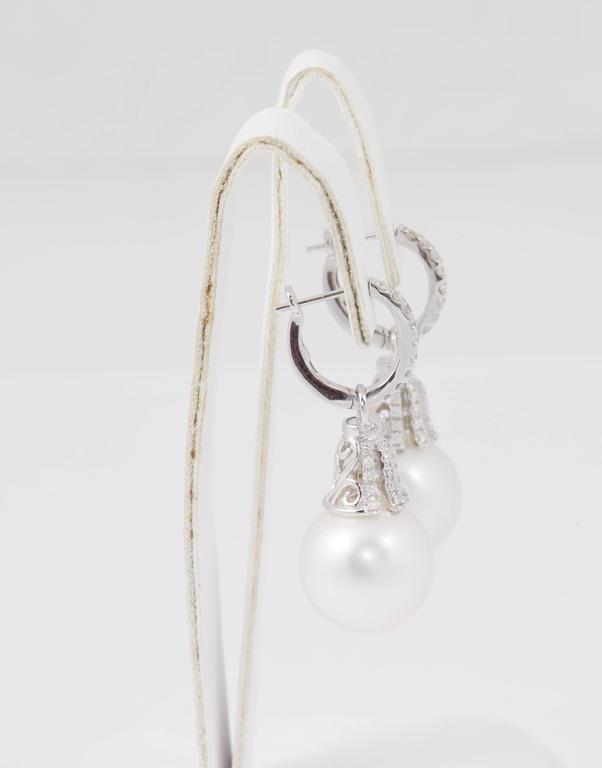 Diamond Hoop and South Sea Bell Shape Dangle Earrings at 1stDibs