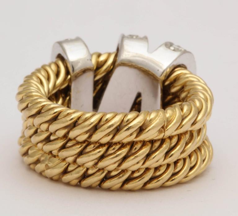 1990s Pomellato Triple Knotted Flexible Gold with Diamonds Ridged Band ...
