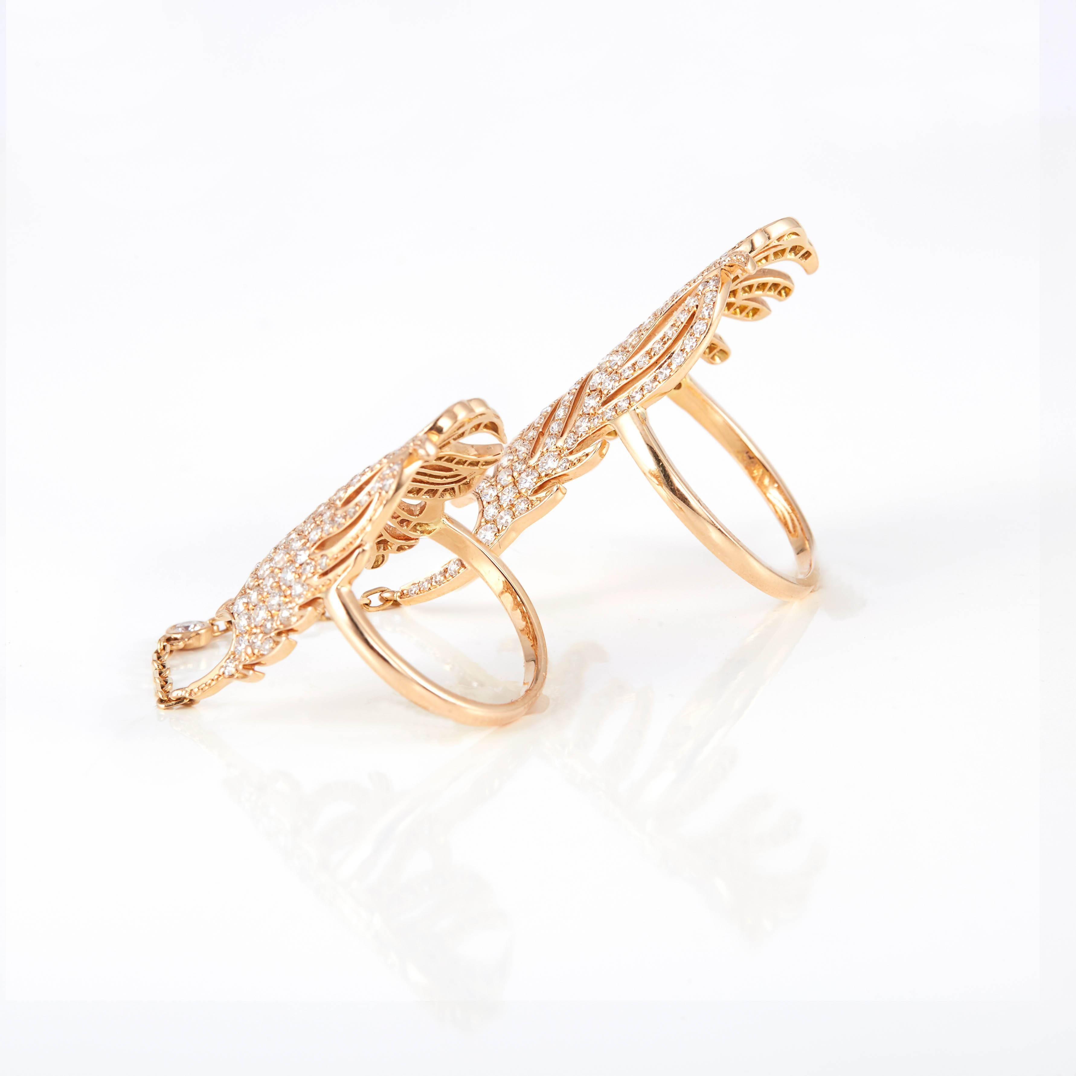 SAM.SAAB Feather Motif Diamond and Rose Gold Chain Ring For Sale at 1stDibs