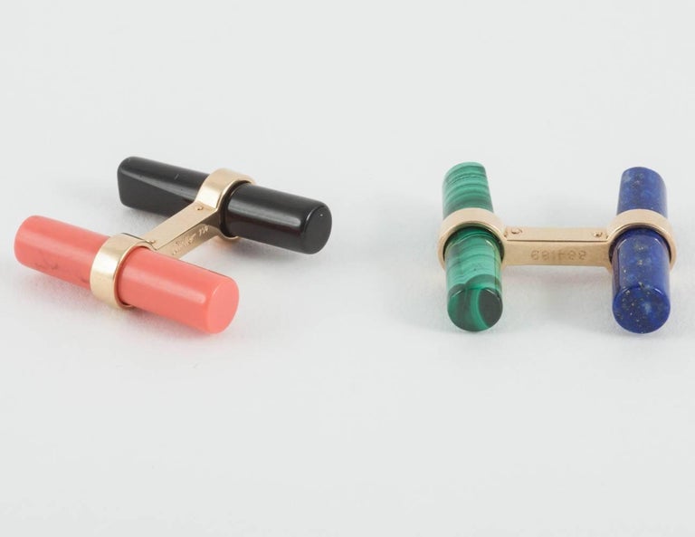 Cartier Cufflinks Baton Set in 18 Carat Gold with Colored Stones at 1stDibs