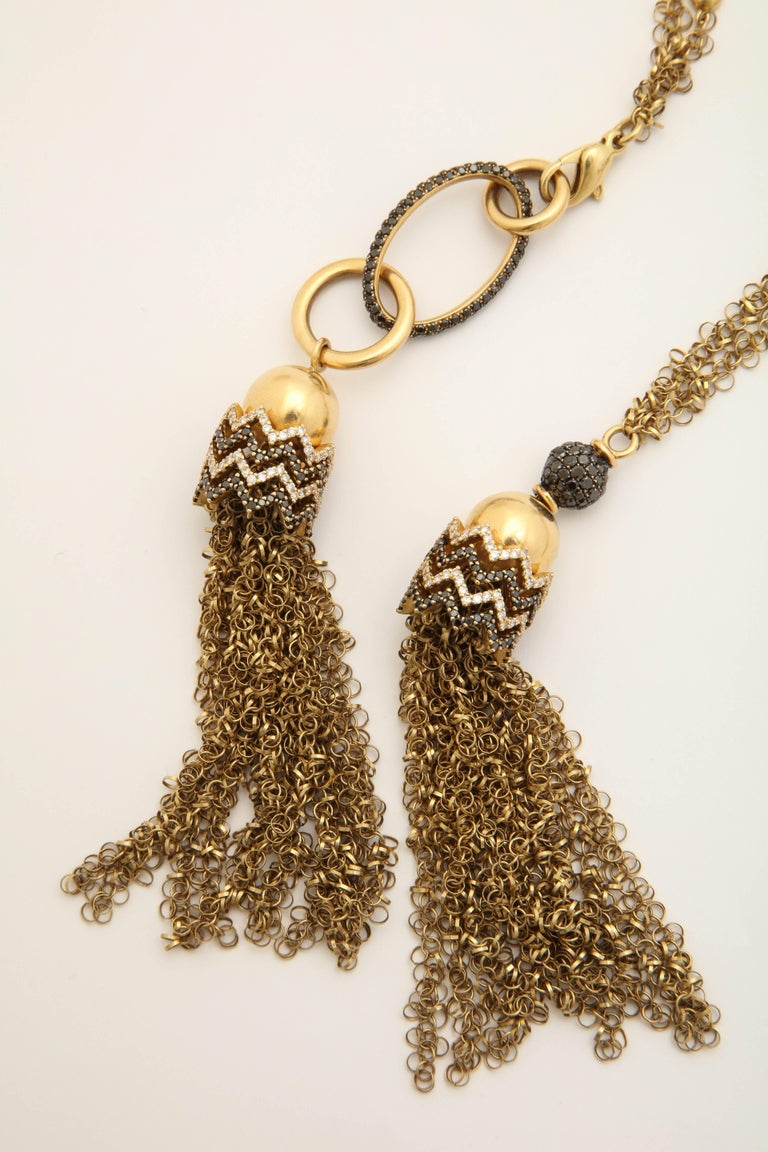 1990s Lariat Detachable Gold Tassel, Fringe Design Long Chain Diamond ...