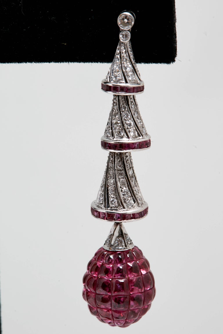 Invisible Set Rubies Diamonds Ear-Pendants For Sale at 1stDibs