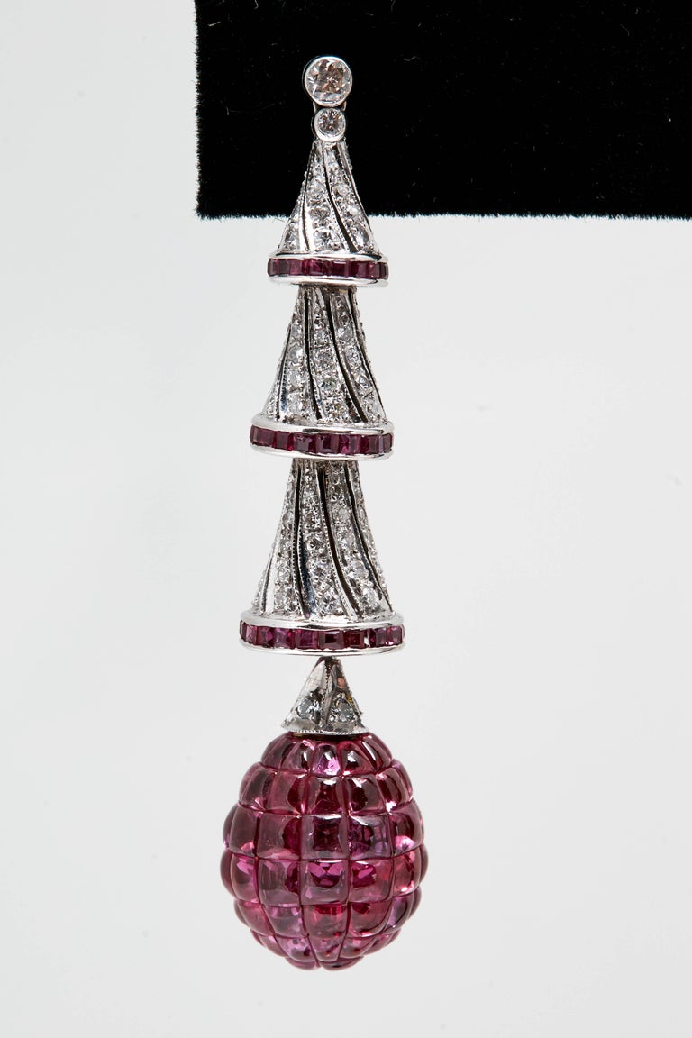 Invisible Set Rubies Diamonds Ear-Pendants For Sale at 1stDibs