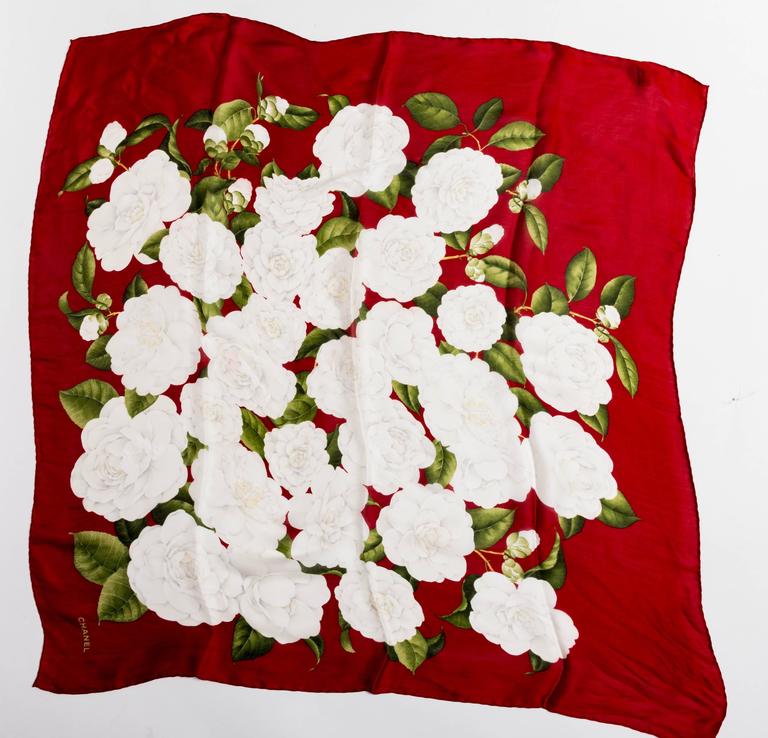 Chanel Red and White Silk Camellia Scarf at 1stDibs | chanel red scarf ...