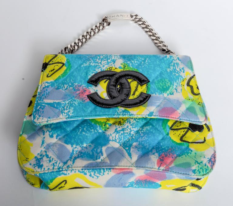 Vintage Chanel Structured Multi Color Bag with Silver Chain Top Handle ...