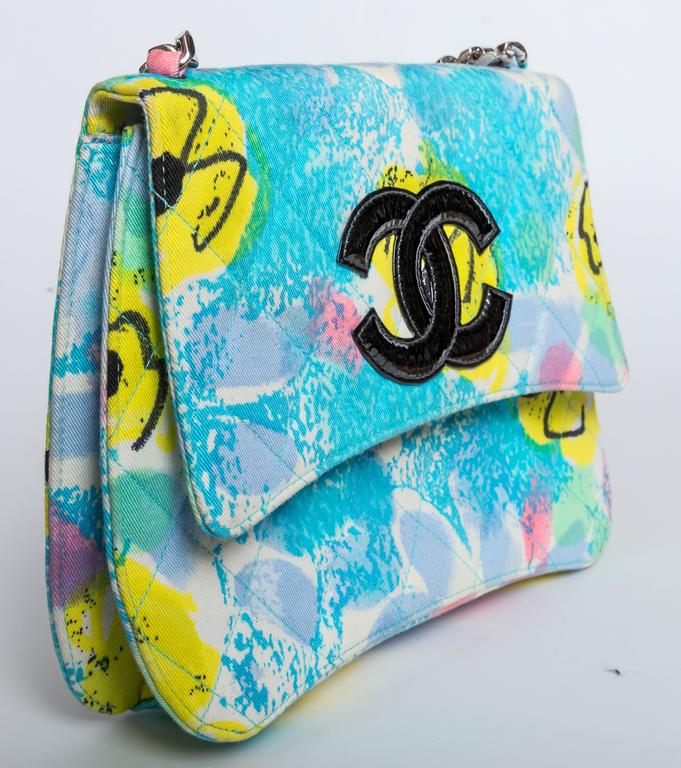 Vintage Chanel Structured Multi Color Bag with Silver Chain Top Handle ...