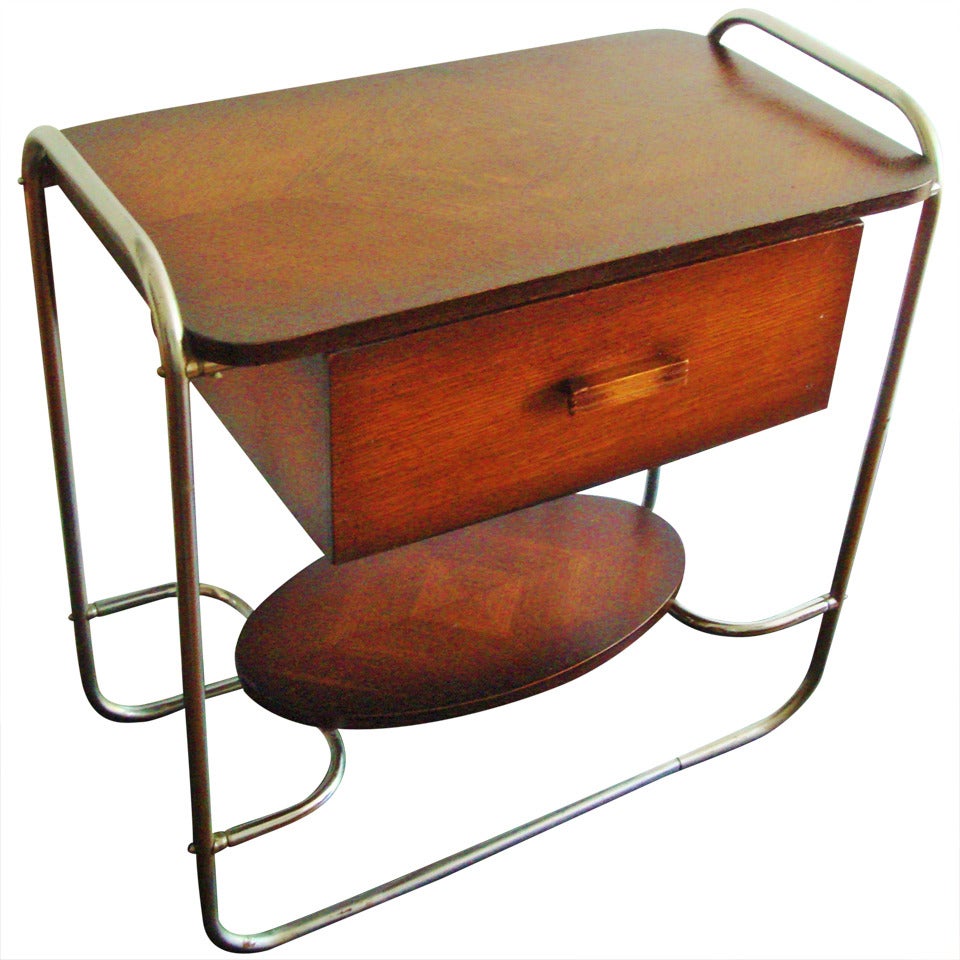 French Art Deco Tubular Chrome and Minked Veneer Wood Telephone Table ...