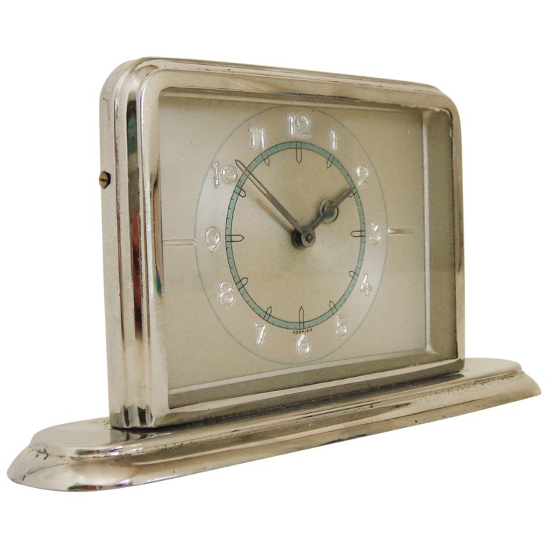 German Art Deco Small Chrome Desk Clock with Blue and Silver Accents ...