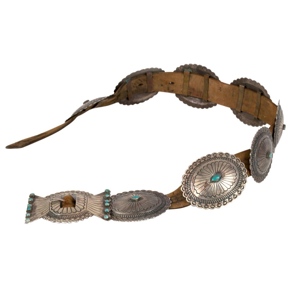 Navajo Leather Belt with Turquoise and Sterling Silver at 1stDibs