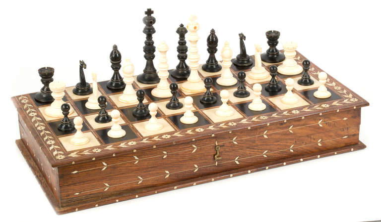 Turned Ivory and Horn Chess Set with Inlaid Board at 1stDibs