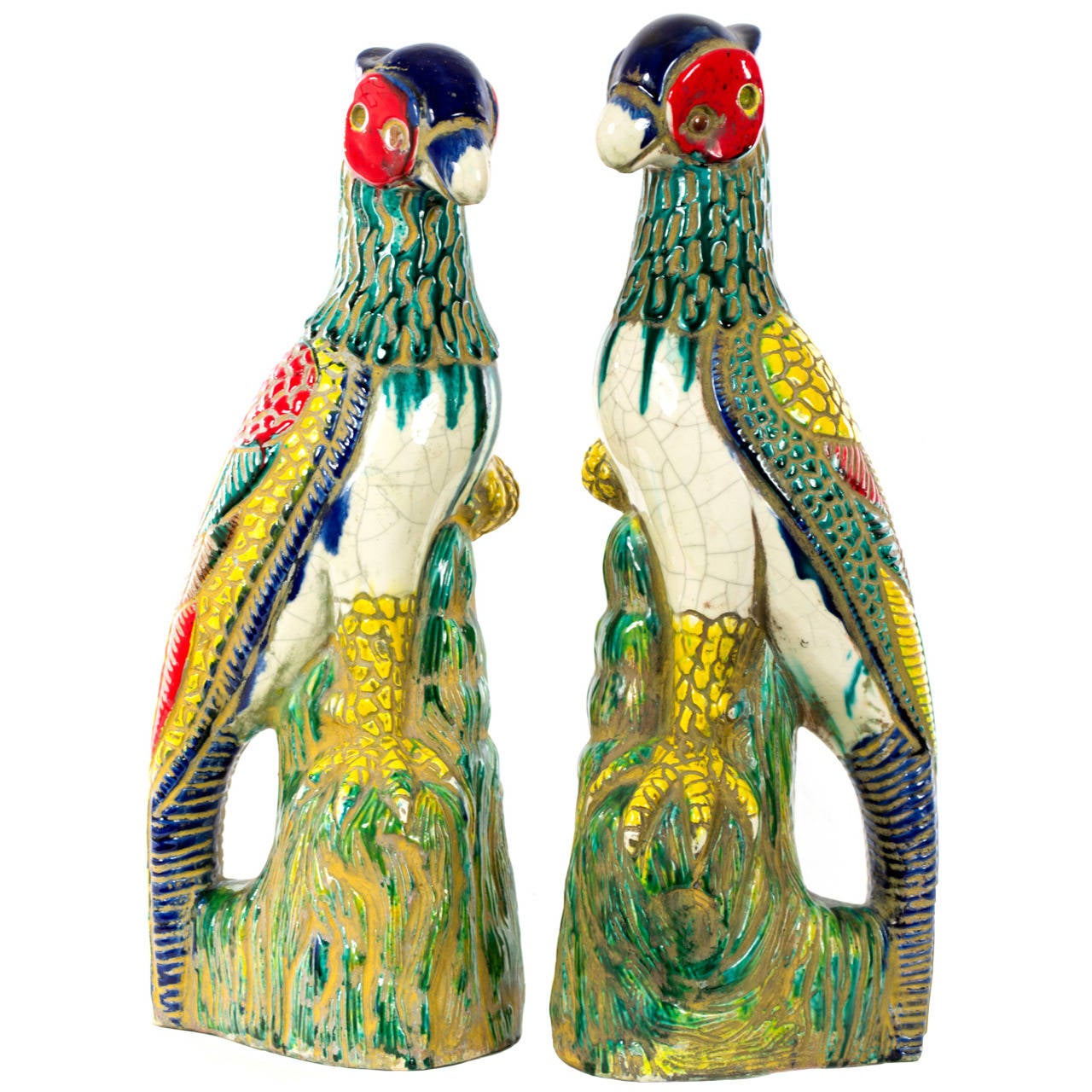 Pair of Polychromed Ceramic Parrots at 1stDibs