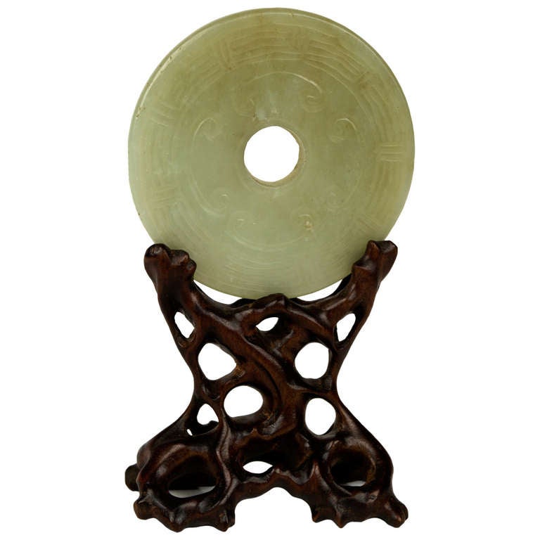 Carved and Pierced Celadon Jade Disc on Stand at 1stDibs