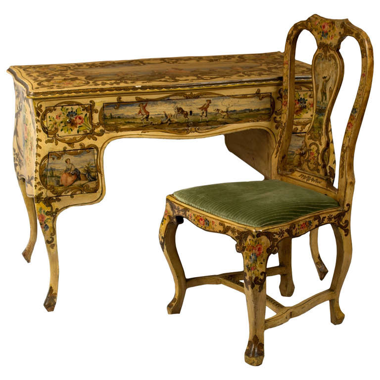 Painted Venetian Rococo Style Desk and Chair at 1stDibs | rococo desk ...