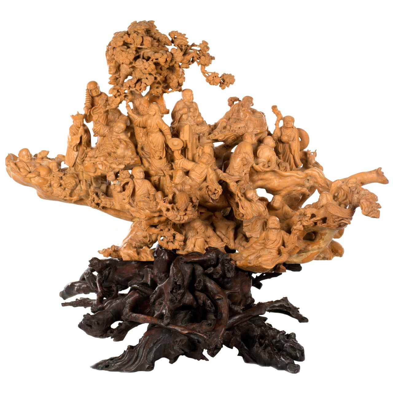 Chinese Boxwood Sculpture Depicting the Eighteen Lohan at 1stDibs