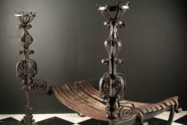 Large Very Ornate Jacobean Manner Wrought Iron Fire Dogs For Sale at ...