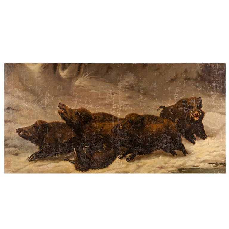 Giant Oil Painting of Wild Boar Hunting at 1stDibs