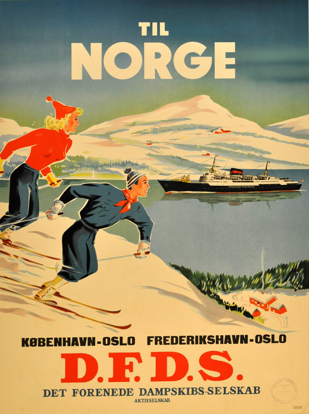 Original Vintage Poster Advertising Skiing In Norway By DFDS Ferry From ...