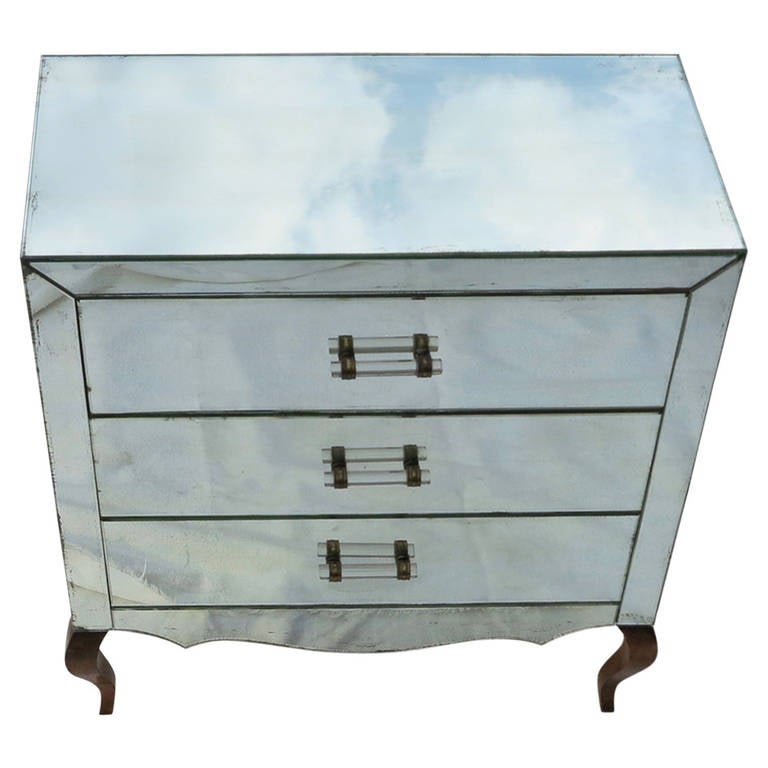 Mirrored Art Deco Three Drawer Chest with Brass Accents at 1stDibs