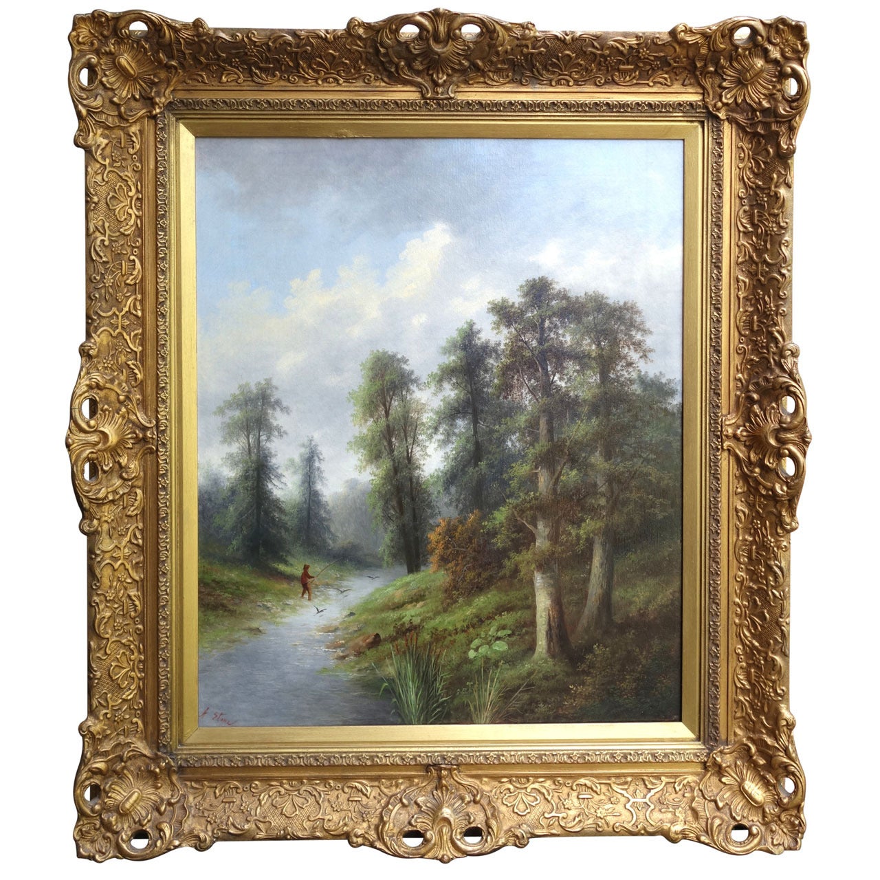 Abraham Stahl “Fishman in Stream” Fly Fishing Painting For Sale at 1stDibs