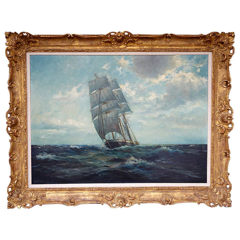 "Clipper Ship in Open Waters" by Wilhelm Kranz Dated 1913 at 1stDibs