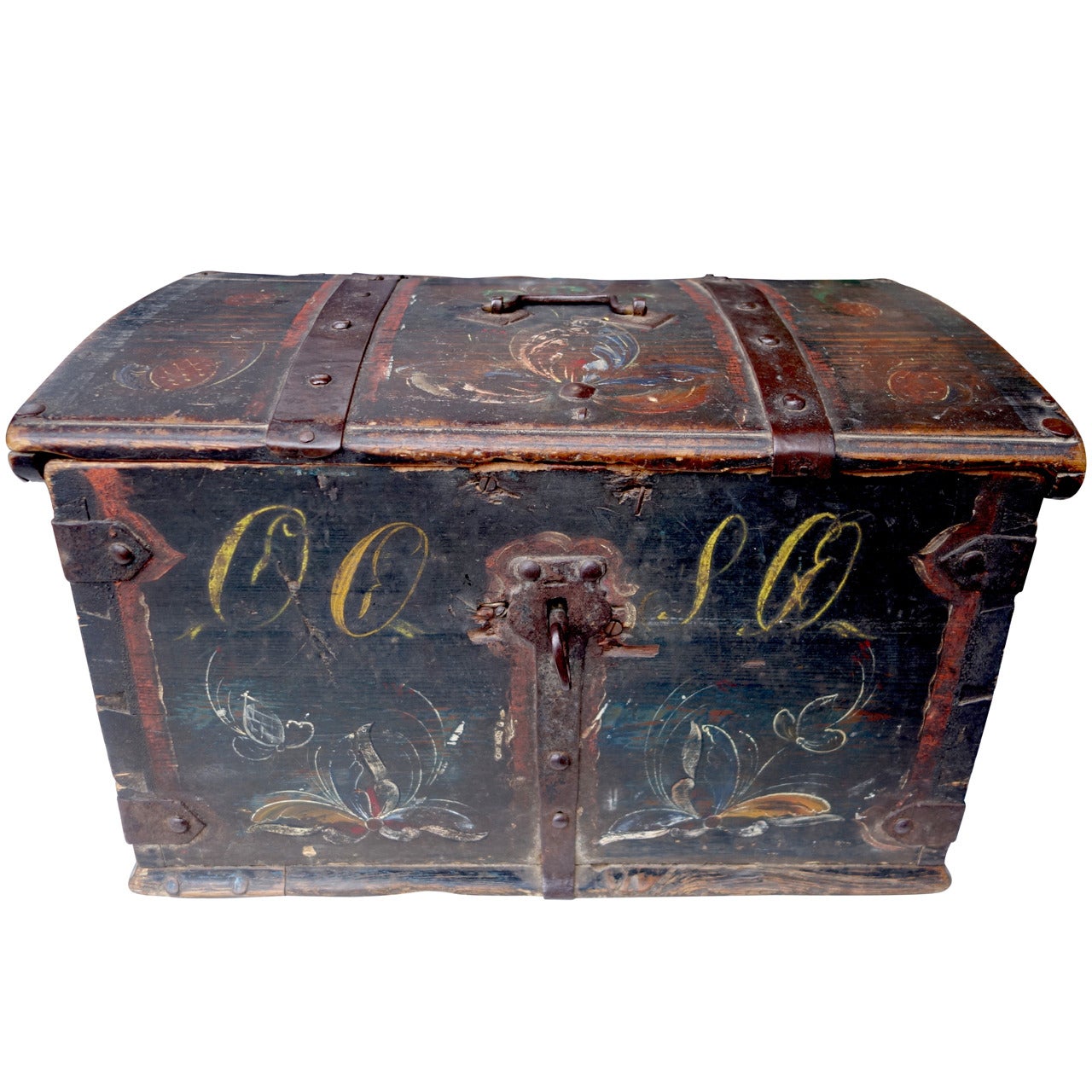 Great Paint Decorated and Wrought Iron Chest from Norway at 1stDibs