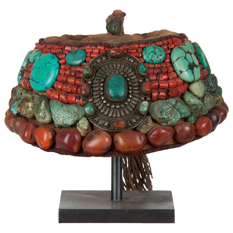2nd part 19 th century Tibetan beaded cap with semi-precious stones at ...