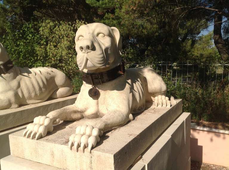 Handed Pair of Cast Stone Roman Dogs on Plinths For Sale at 1stDibs