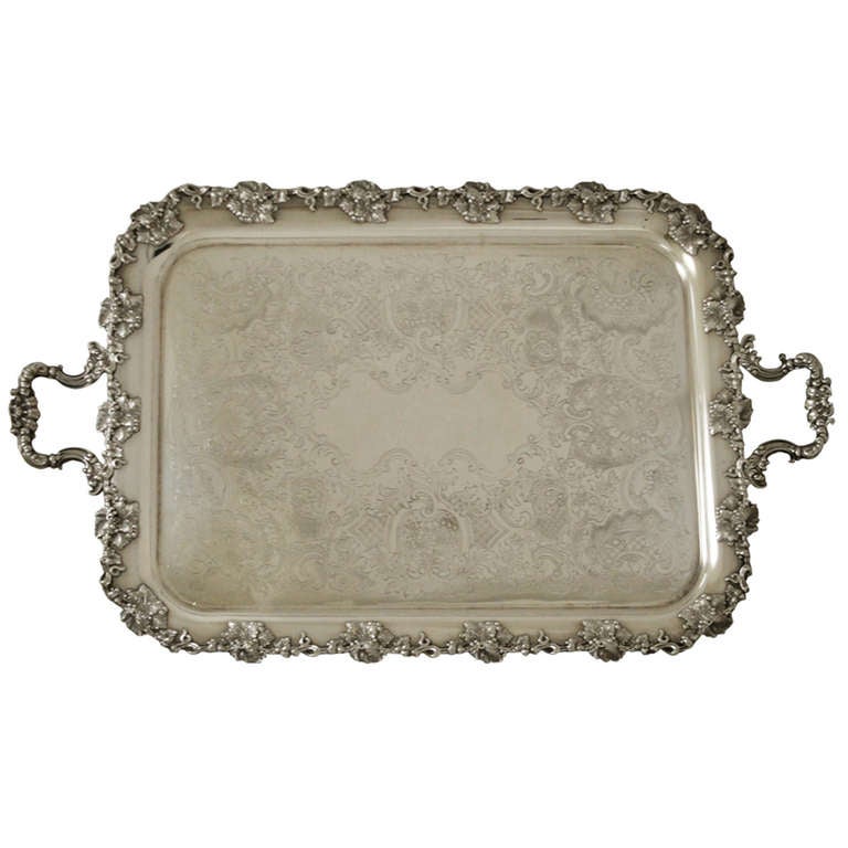 Engraved English Rectangular Silver Plated Tray For Sale at 1stDibs