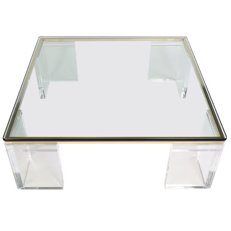 Lion in Frost Lucite, Brass and Glass Cocktail Table at 1stDibs