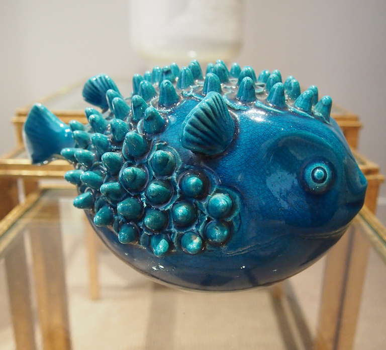 Pol Chambost Blue Ceramic Fish Sculpture at 1stDibs