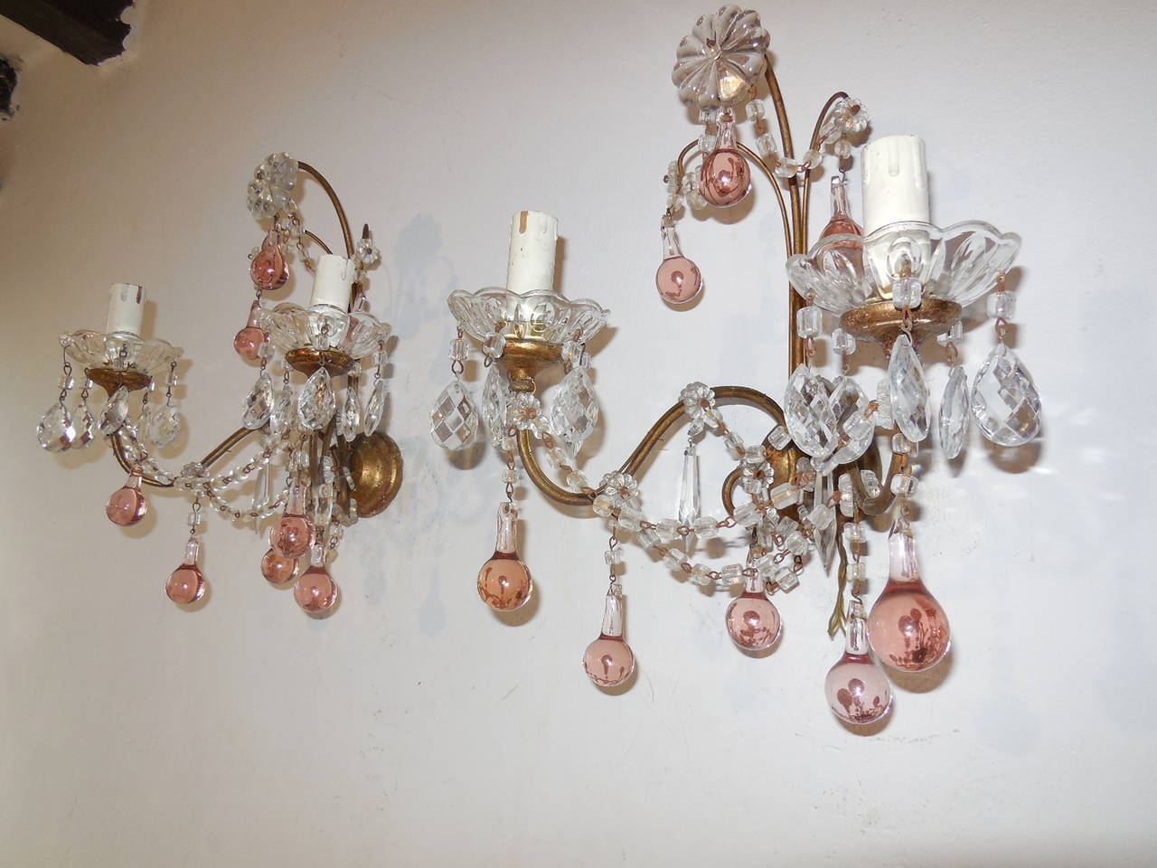 1920 French Baroque Pink Murano Drops Beads Bobeches Crystal Sconces at ...