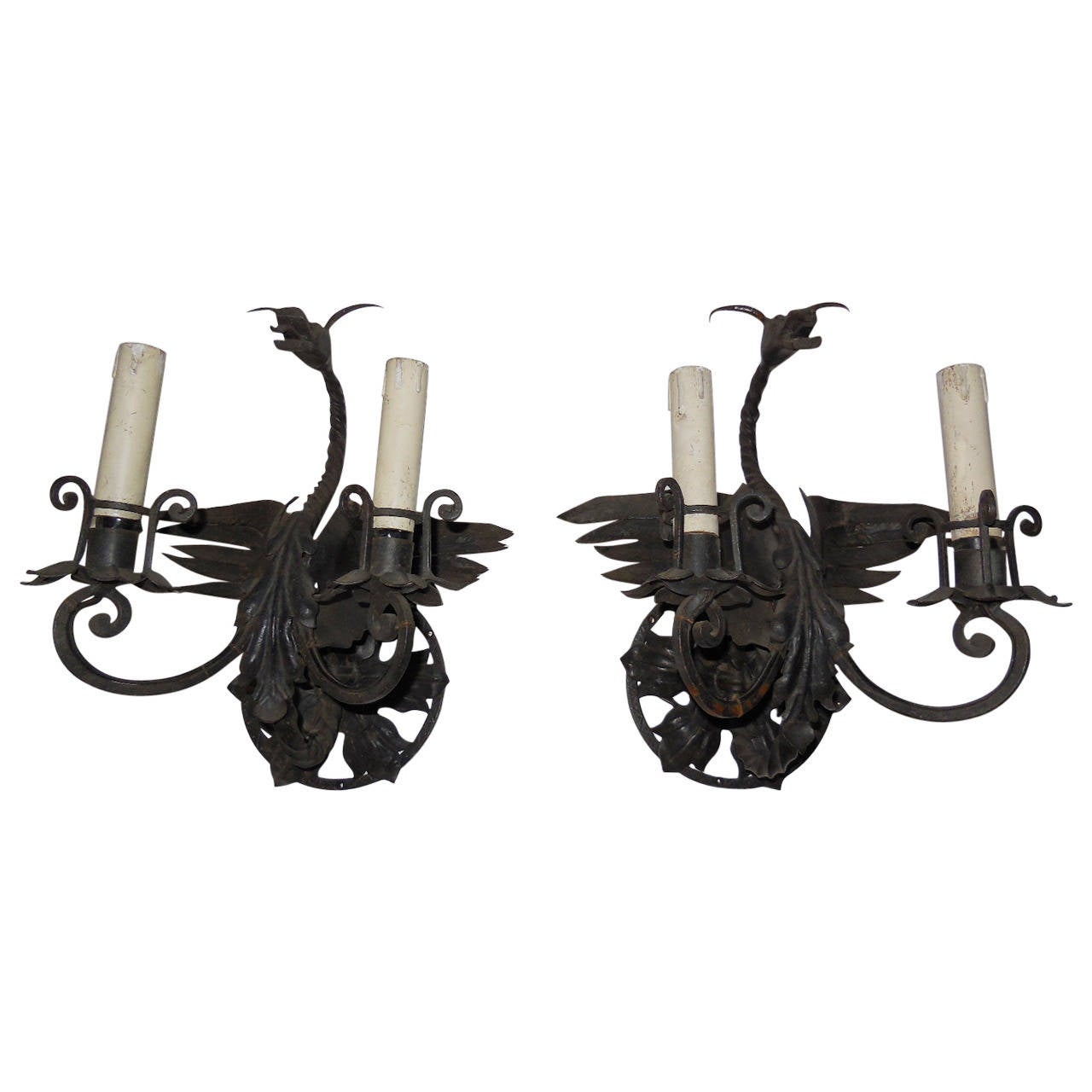 1940 French Pair of Wrought Iron Dragons Medieval Castle Sconces at 1stDibs