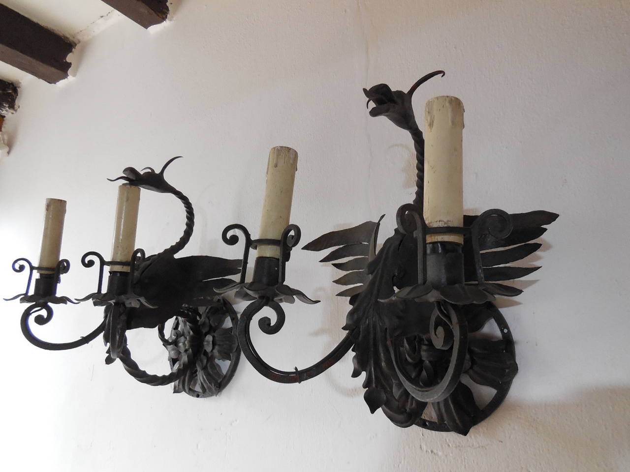 1940 French Pair of Wrought Iron Dragons Medieval Castle Sconces at 1stDibs