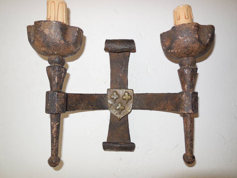 Heavy Wrought Iron Family Crest Gothic Sconces at 1stDibs