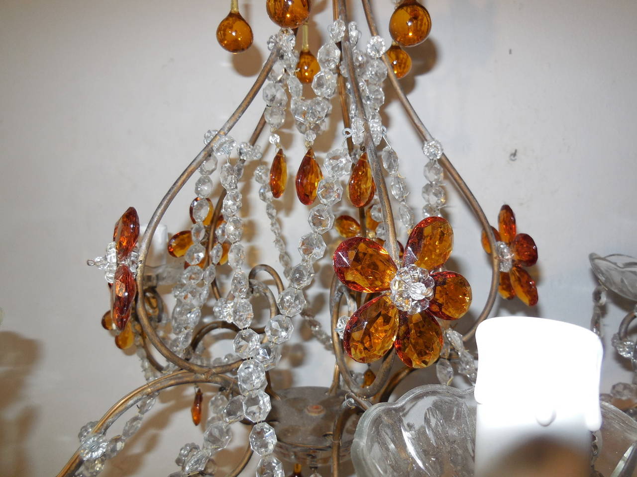 French Amber Balls Crystal Prisms Flowers Chandelier at 1stDibs