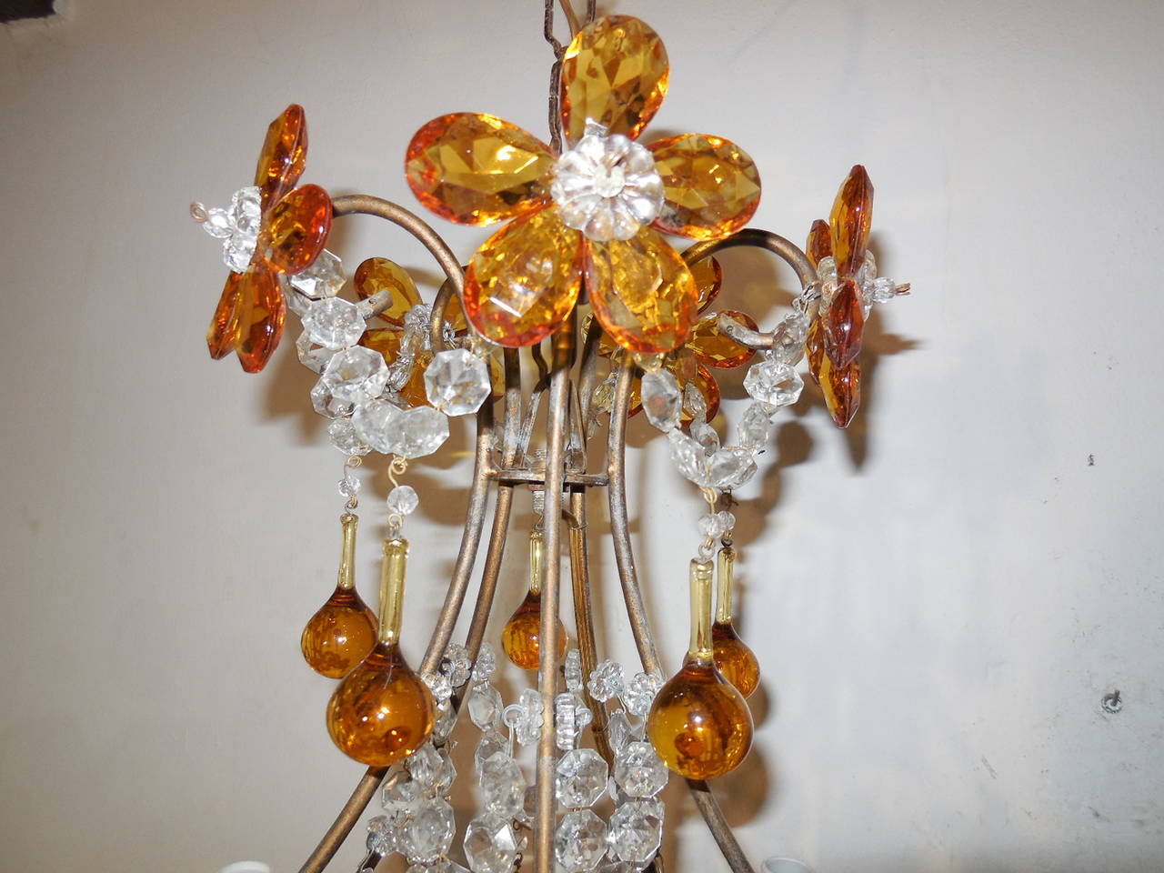 French Amber Balls Crystal Prisms Flowers Chandelier at 1stDibs