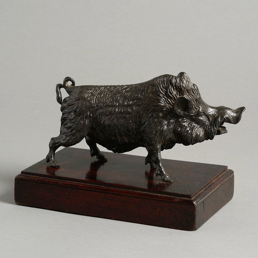 Bronzed Metal Boar set upon a Mahogany Plinth at 1stDibs