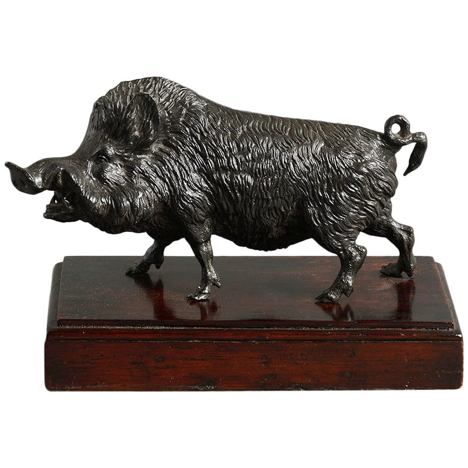 Bronzed Metal Boar set upon a Mahogany Plinth at 1stDibs