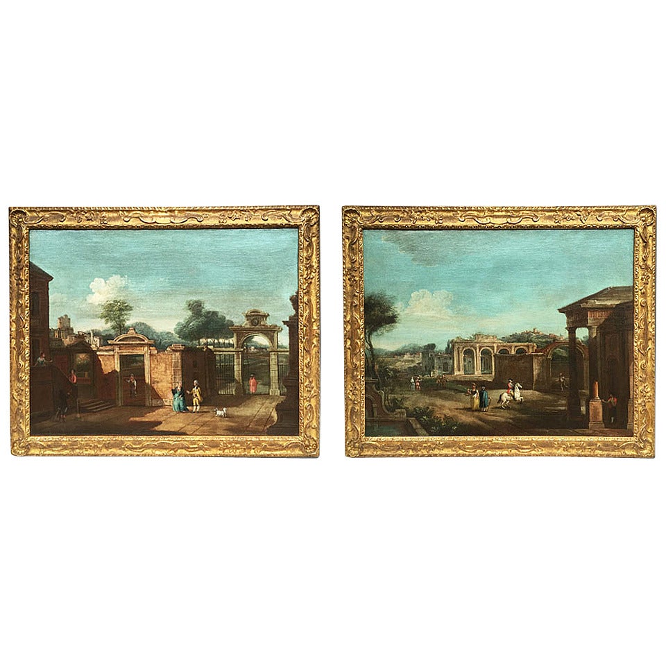 Pair of Capriccio Landscapes with Figures and Ruins at 1stDibs